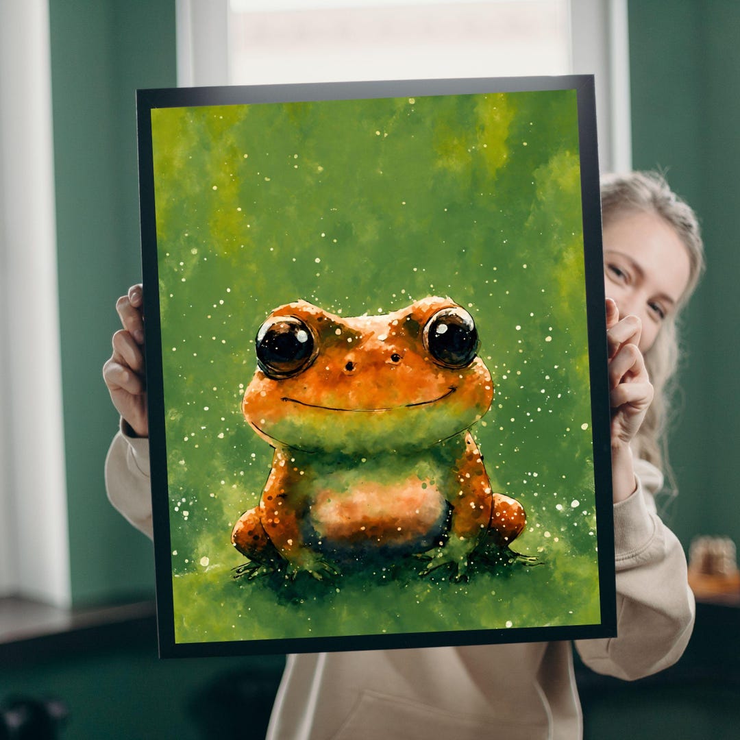 Cute Orange Frog Art Print, Big Eyed Toad Portrait, Amphibian Wall Art ...