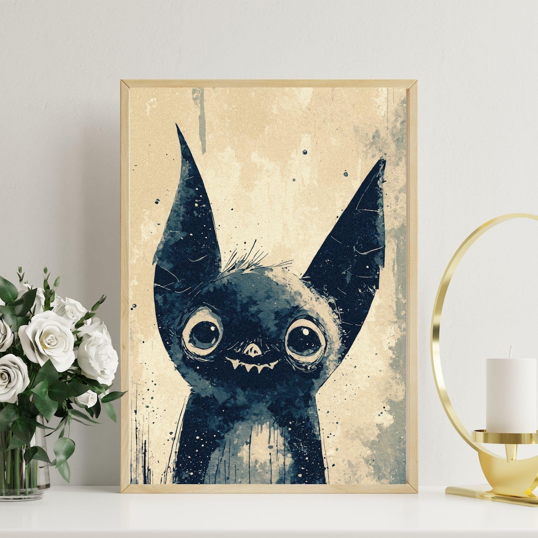 Beige Bat Art Print, Spooky Vampire Wall Decor, Sketchy Ink Splatter ...