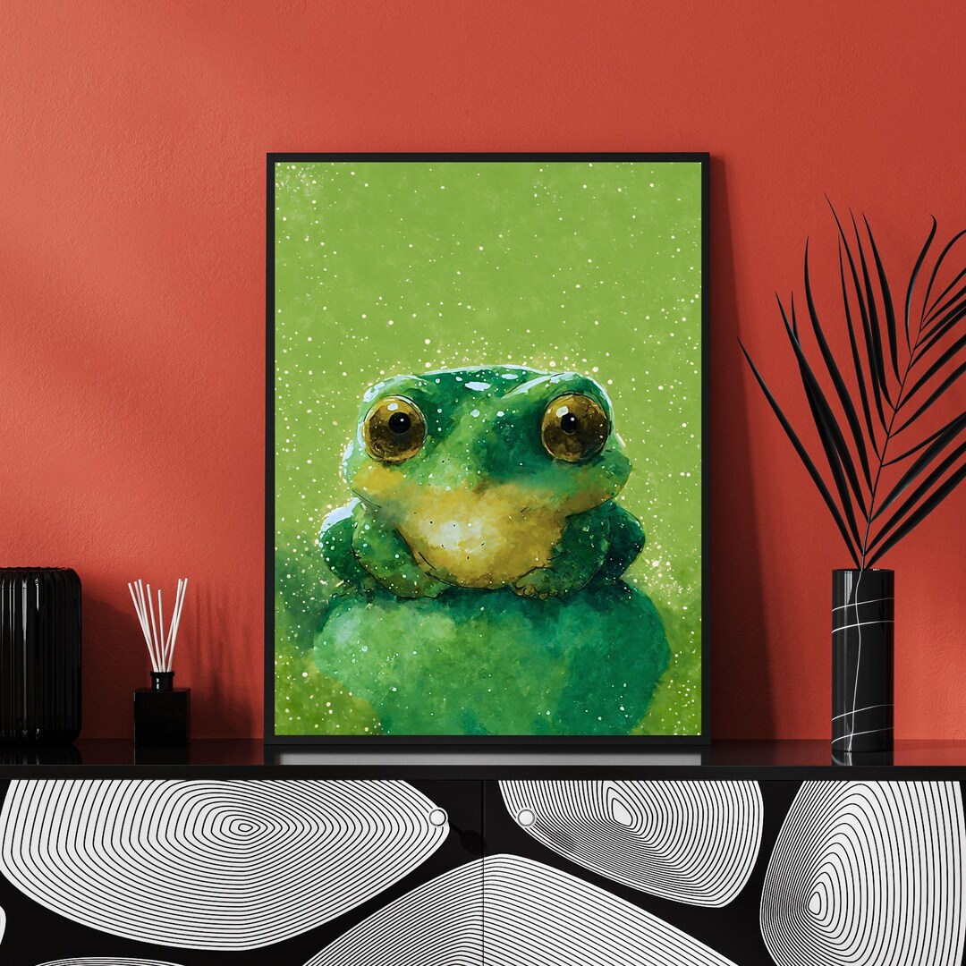 Bright Green Baby Frog Art Print, Cute Toad Canvas Painting, Amphibian ...