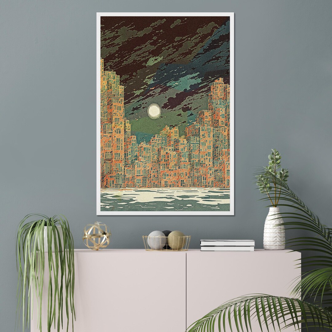 Moonlit Cityscape Art Print: Modern Urban Design - Etsy