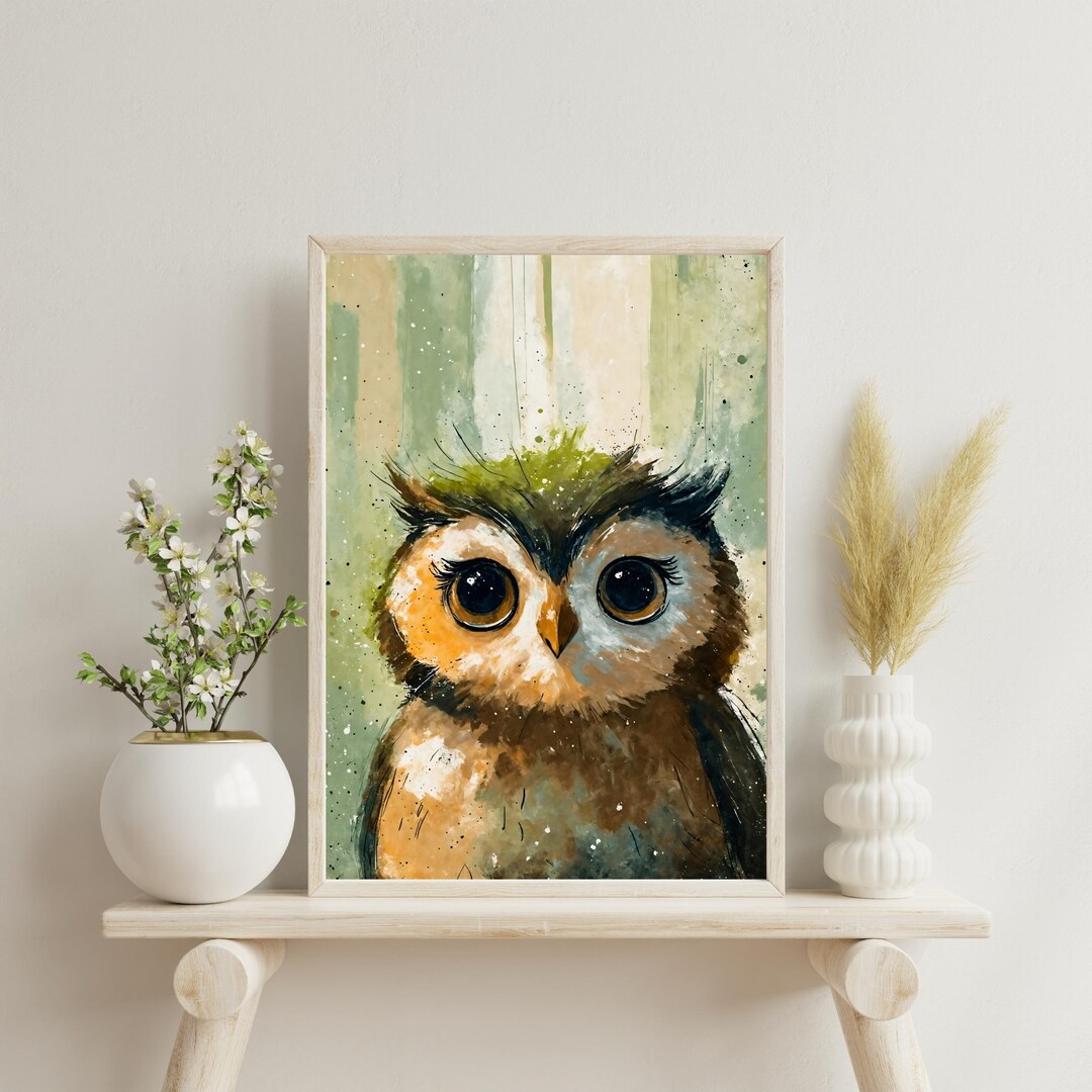 Cute Baby Owl Art Print, Big Eyed Owl Portrait, Night Bird Wall Art ...