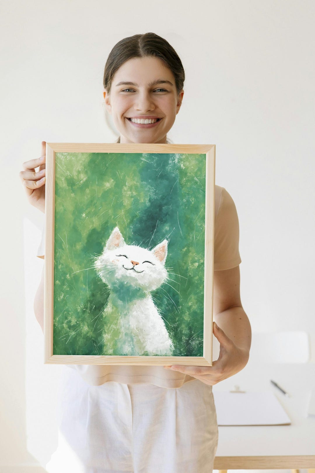 Smiling White Cat Art Print: Tranquil Green Canvas Decor - Etsy