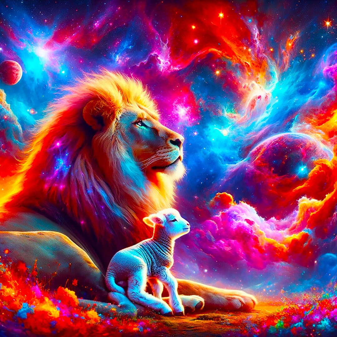 The Lion and the Lamb Sitting Together, Looking at a Vibrant Sky Filled ...