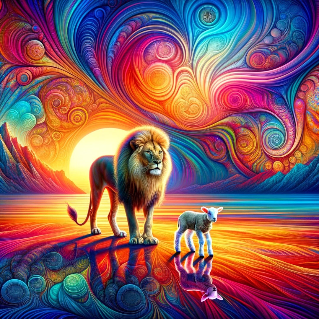 The Lion and the Lamb Standing Together in a Vibrant, Colourful ...