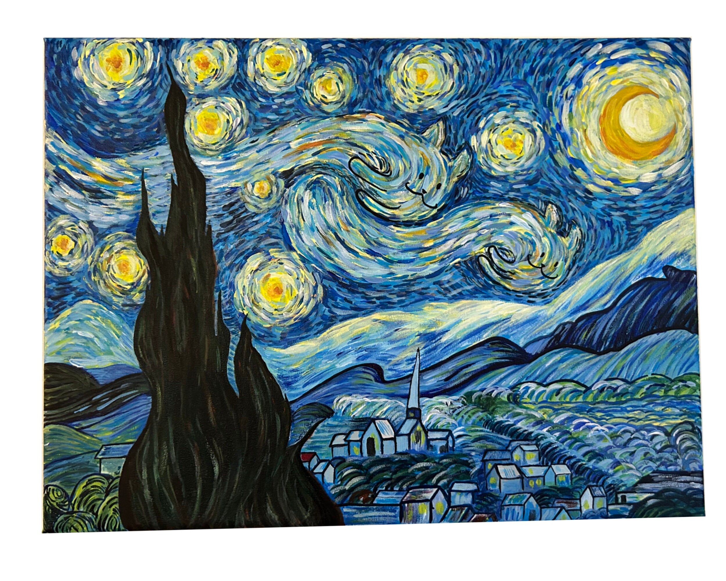 Starry Night Reproduction With Cat Winds - Vincent Van Gogh 12"x9" Hand ...