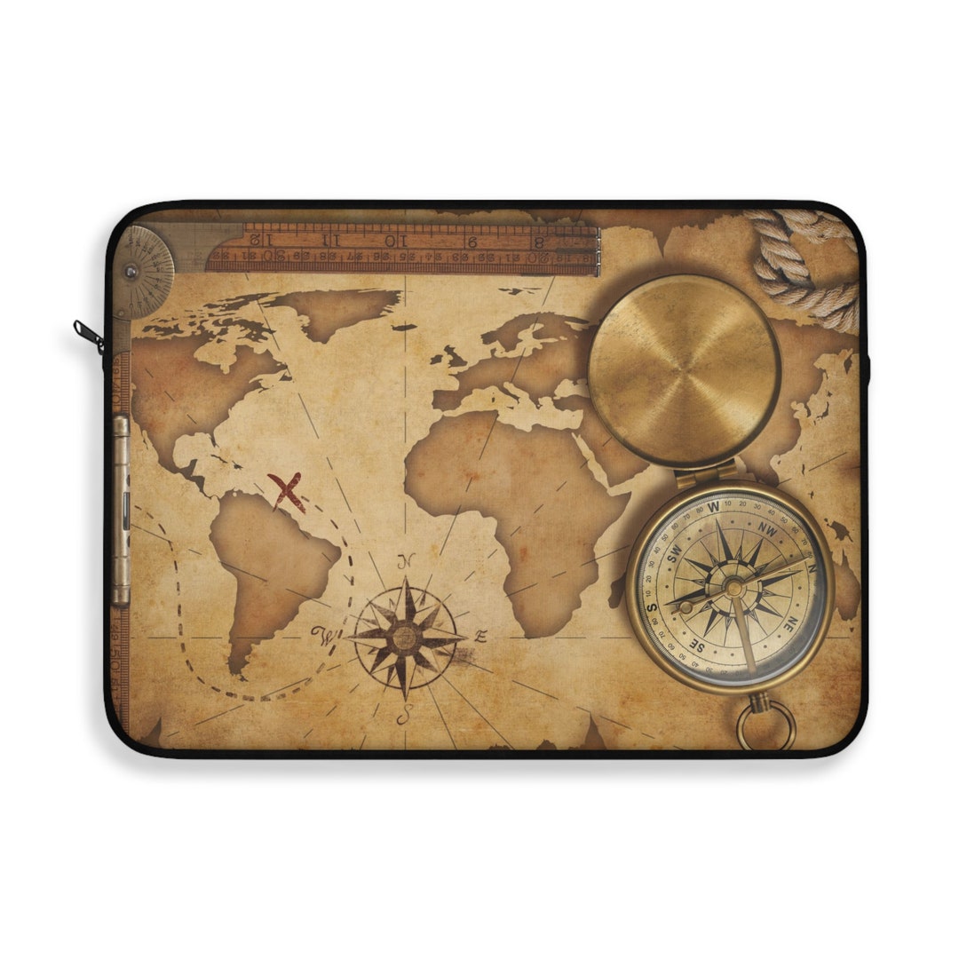 Vintage World Map Laptop Sleeve: Explorer Compass Design - Etsy
