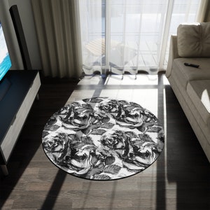 Round Rug | Black and White Abstract Floral Patterns | - Etsy