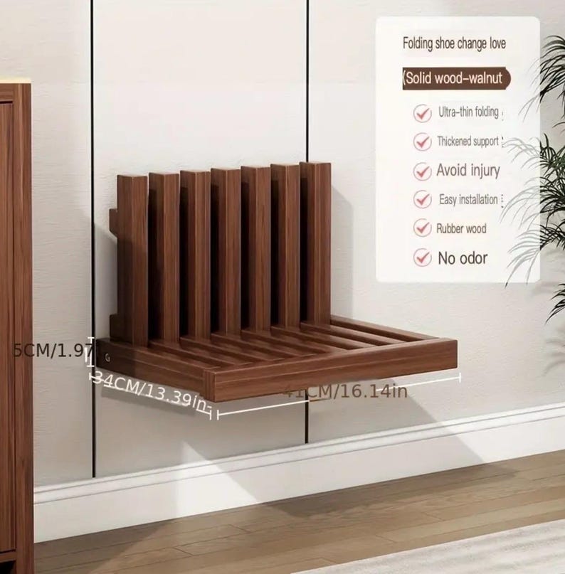 Vintage Oak Finish Wall-mounted Folding Shoe Changing Stool, Armless ...