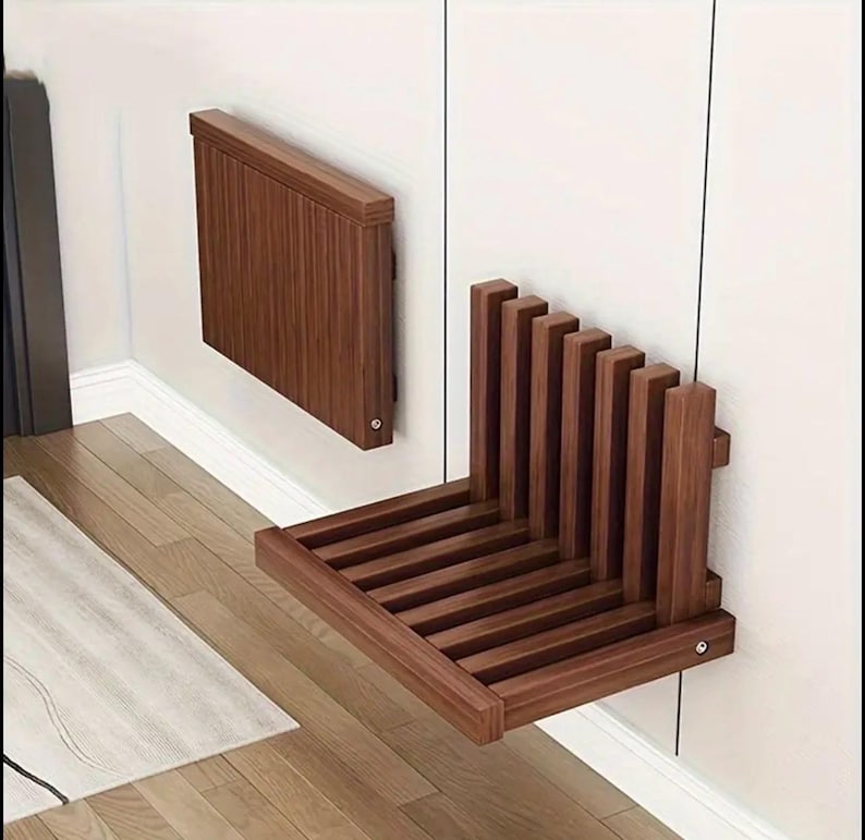 Vintage Oak Finish Wall-mounted Folding Shoe Changing Stool, Armless ...