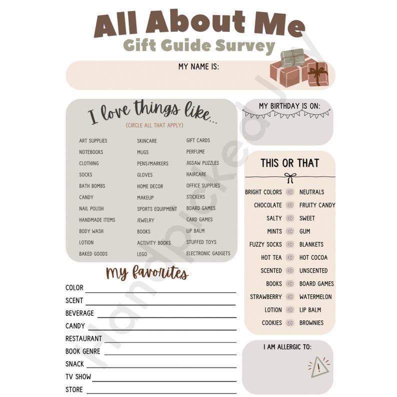 About Me Teen Adult Gift Exchange Survey Quiz Printable PDF - Etsy