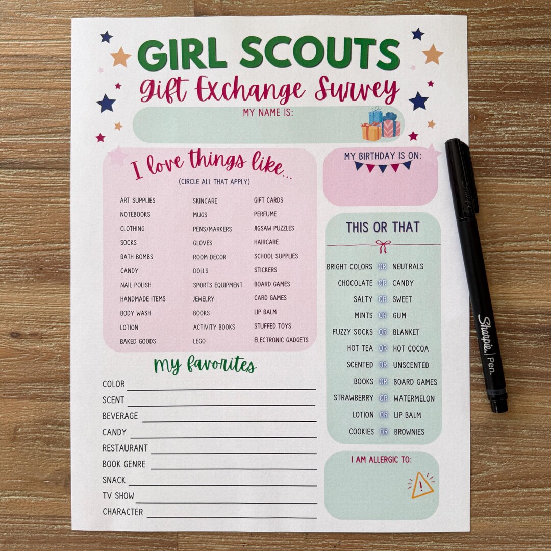 Girl Scouts Gift Exchange Survey About Me Quiz Printable PDF - Etsy