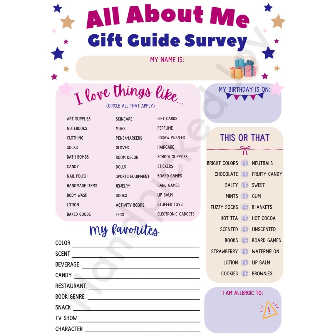 About Me Youth Tween Gift Exchange Survey Quiz Printable PDF - Etsy