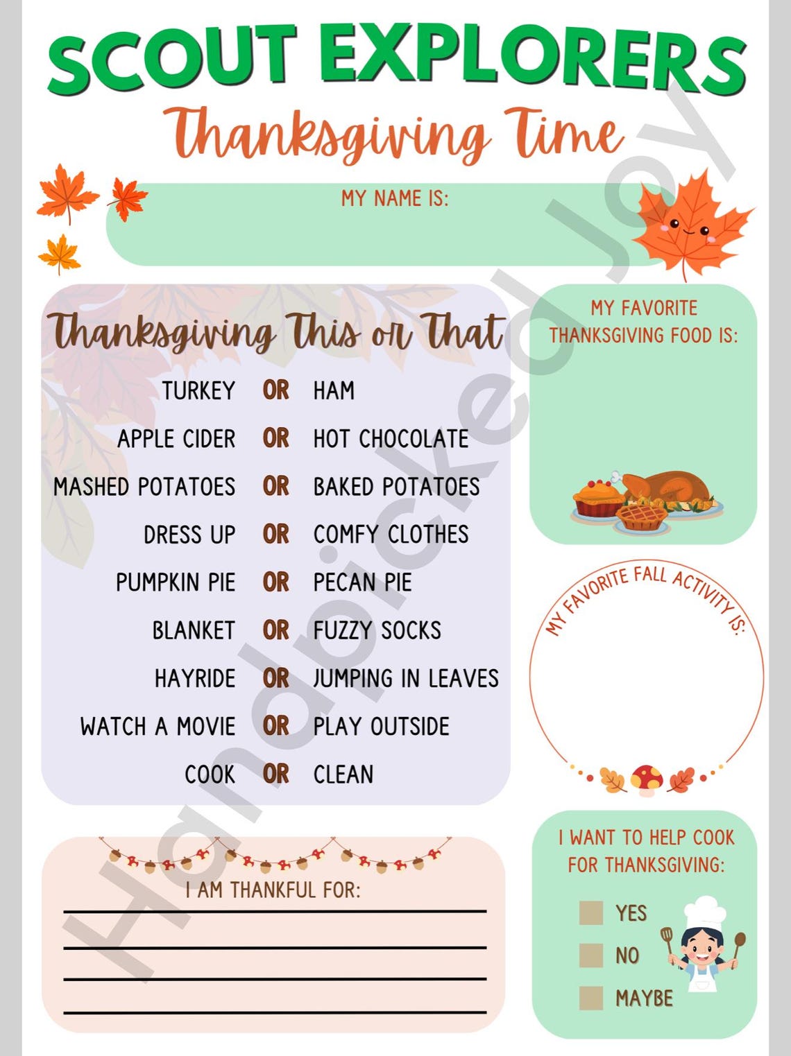 Scouts Thanksgiving Favorites Worksheet About Me Printable PDF - Etsy