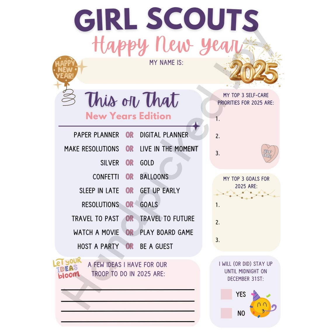 Girl Scouts New Years Junior Cadette About Me Printable Worksheet PDF ...