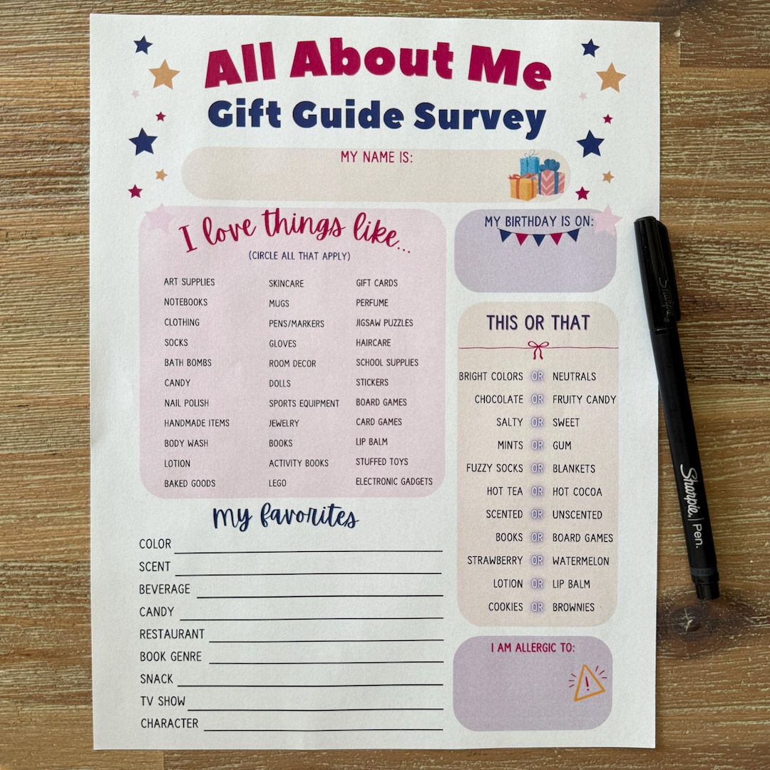 About Me Youth Tween Gift Exchange Survey Quiz Printable PDF - Etsy