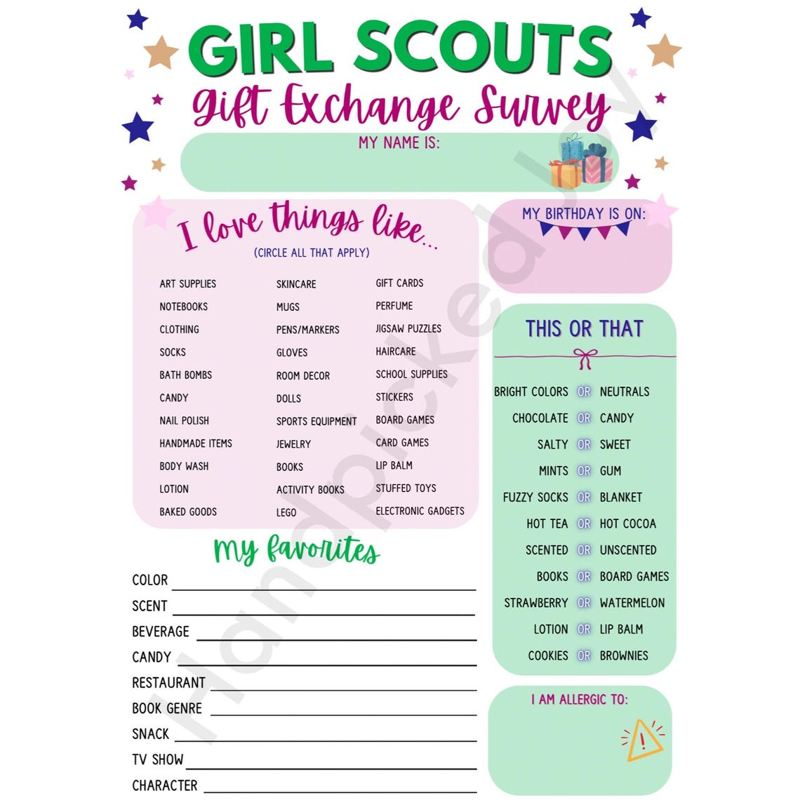 Girl Scouts Gift Exchange Survey About Me Quiz Printable PDF - Etsy