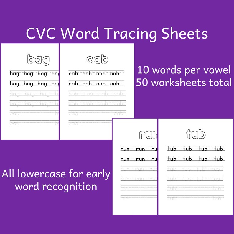 50 CVC Word Tracing Worksheets for Handwriting Practice, Printable - Etsy