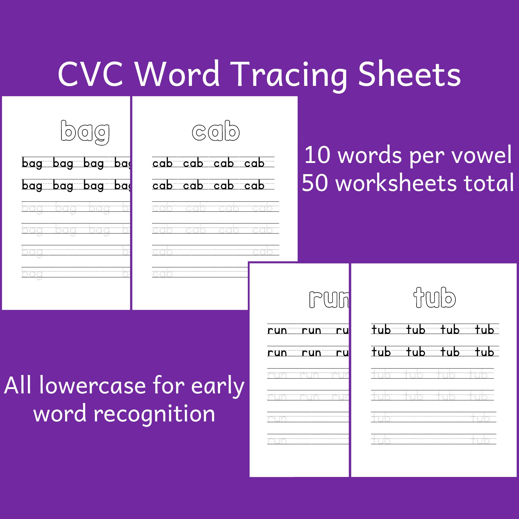 50 CVC Word Tracing Worksheets for Handwriting Practice, Printable - Etsy