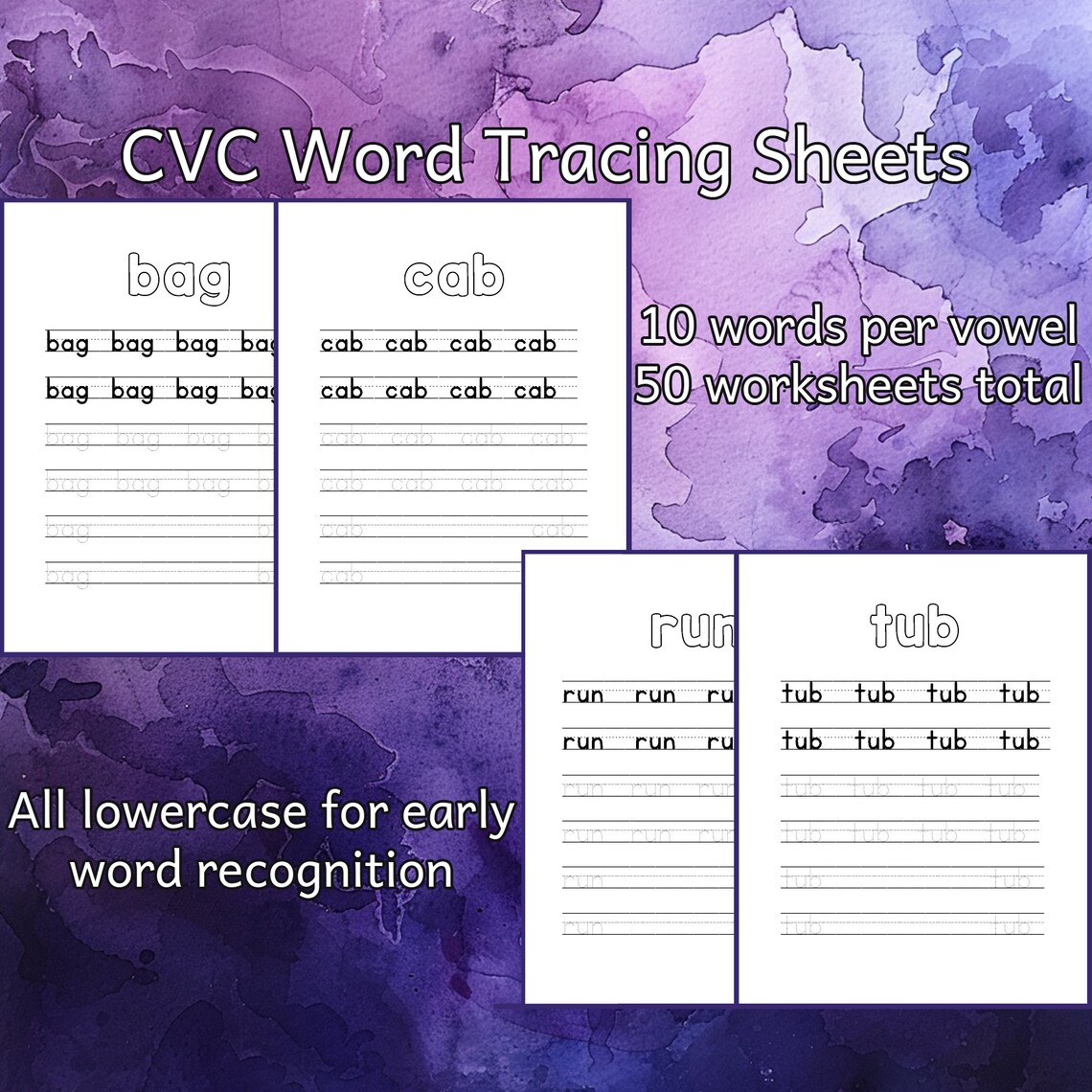 50 CVC Word Tracing Worksheets for Handwriting Practice, Printable - Etsy