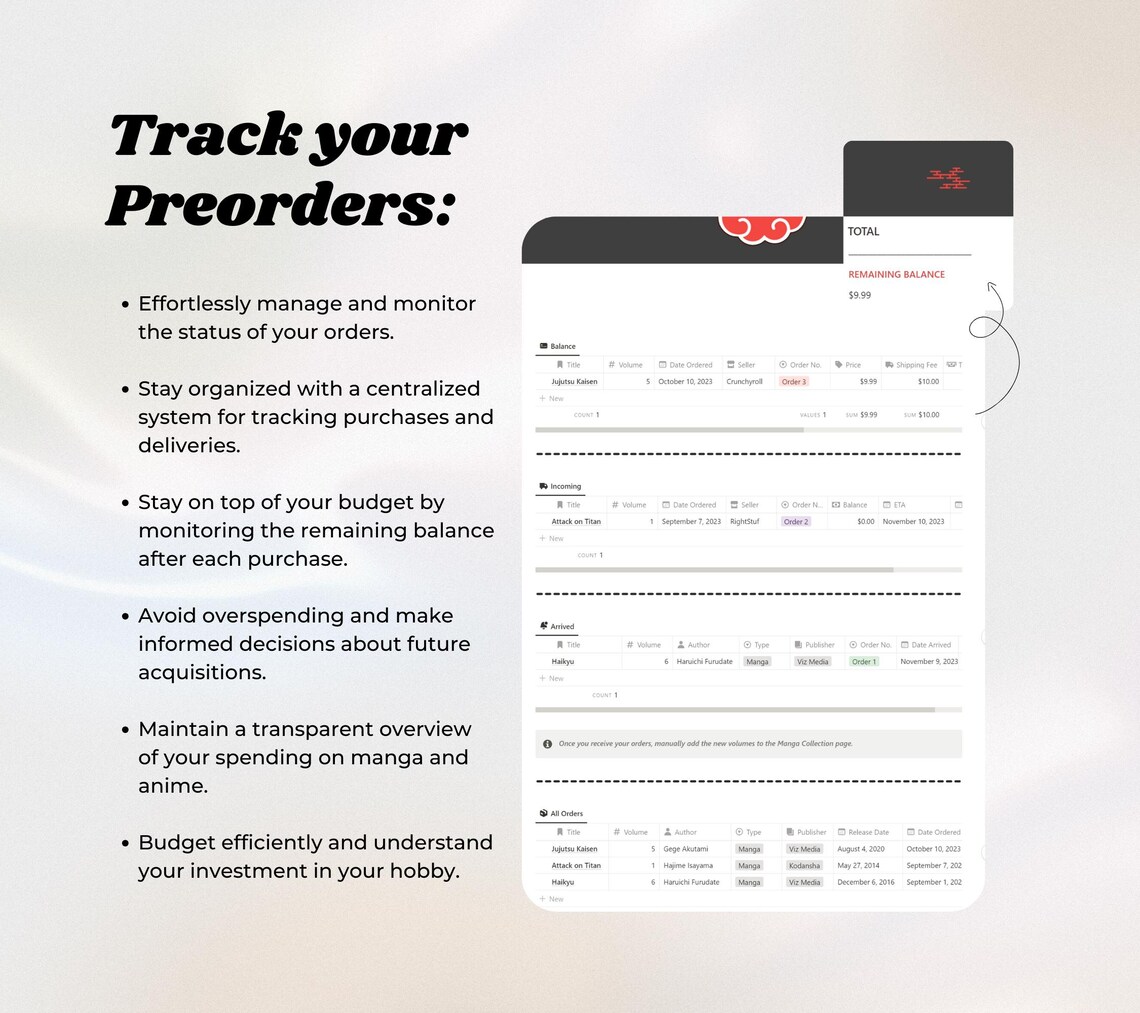 Manga Collection Tracker Notion Template, Notion Dashboard for Anime ...