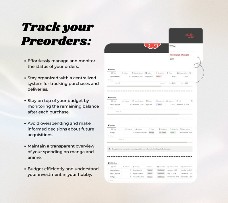 Manga Collection Tracker Notion Template, Notion Dashboard for Anime ...