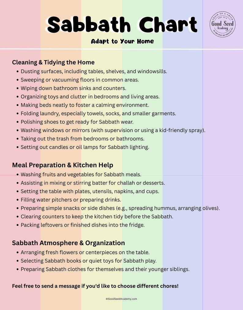 PDF Printable Chart, Customized Family Chores Chart for Sabbath Preparation and Teamwork ...