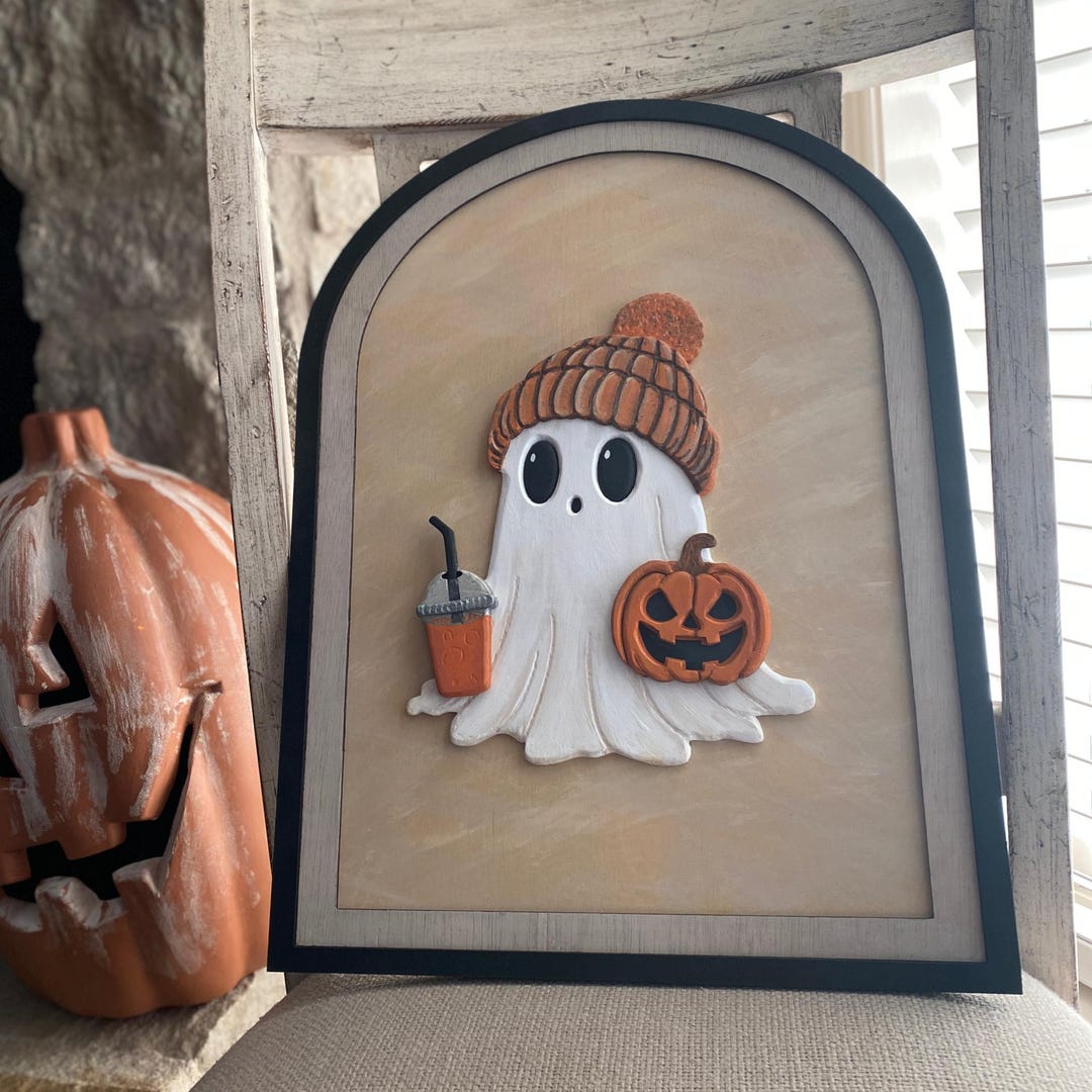 Cozy Ghost Framed Art: Halloween Beanie, Coffee & Jack-o-lantern - Etsy