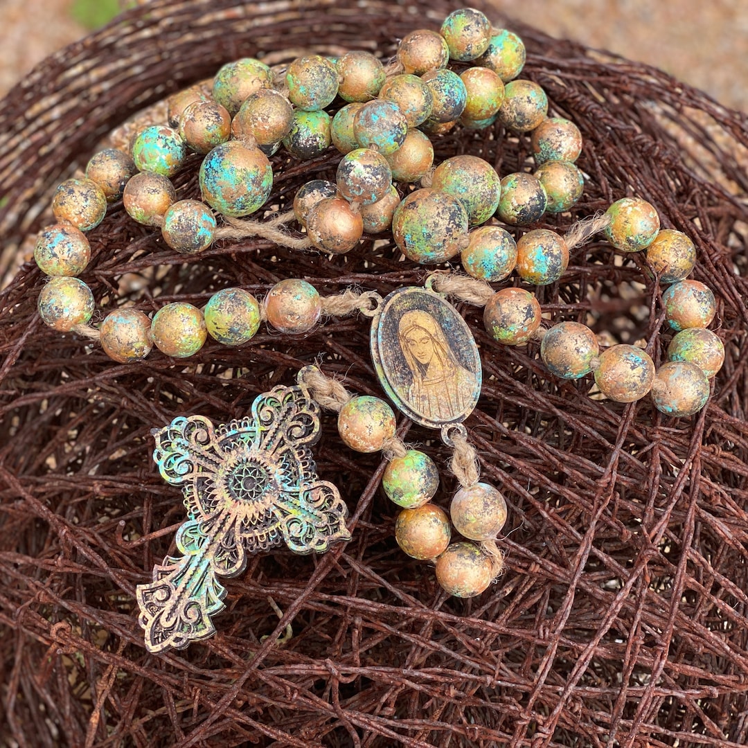 Oversized Wooden Bead Wall Rosary - Faux Patina Rosary, Home Décor ...