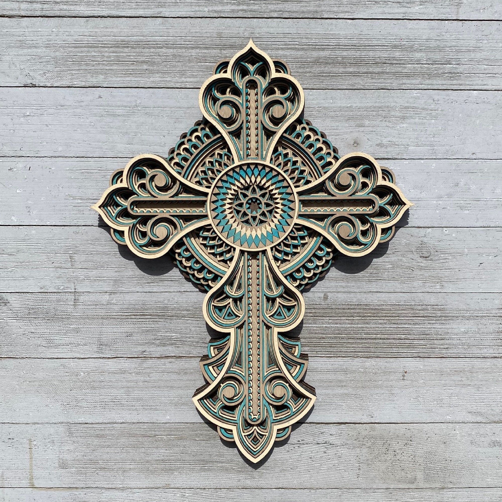 Handcrafted 7-layer Wooden Cross, Mandala Cross, Wall Cross, Layered ...
