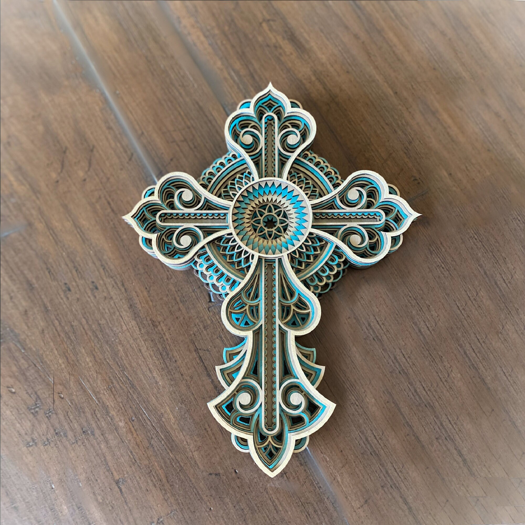 Handcrafted 7-layer Wooden Cross, Mandala Cross, Wall Cross, Layered ...