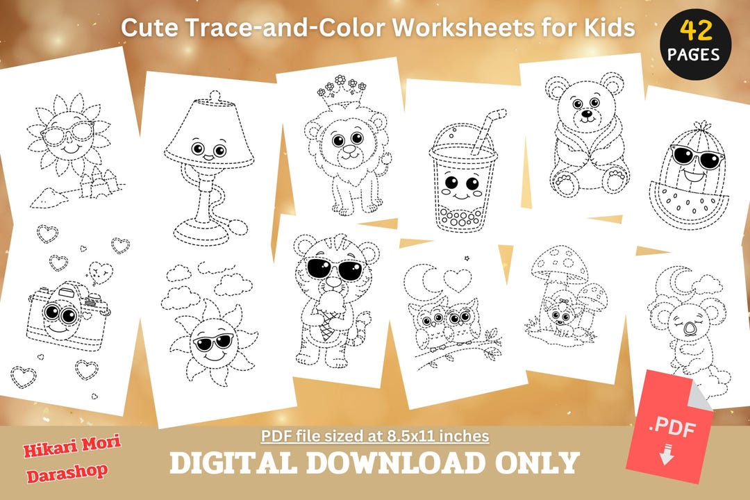 42 Cute Trace-and-color Worksheets for Kids | Digital PDF Tracing Pages ...