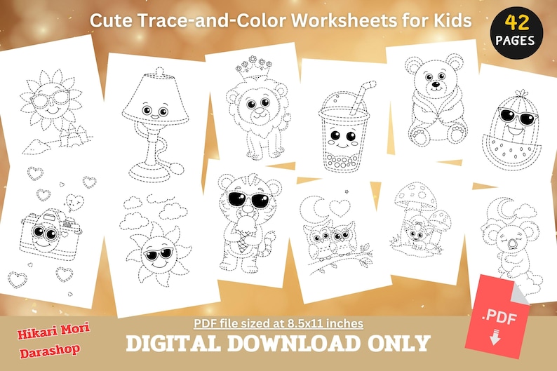 42 Cute Trace-and-color Worksheets for Kids | Digital PDF Tracing Pages ...