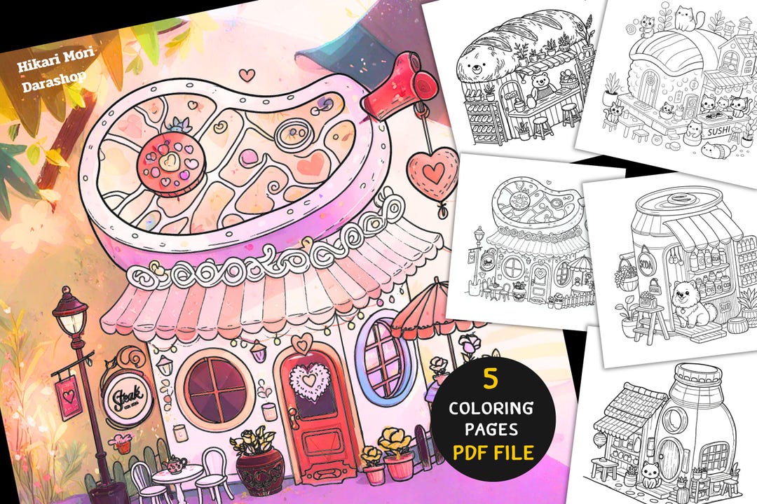 Kawaii Cozy Coloring Book PDF | Cute Shop Front | Japanese Aesthetic ...