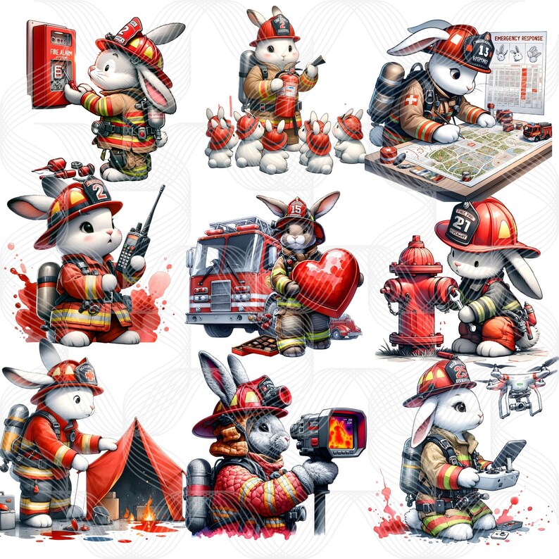 Brave Bunny Firefighter Clipart Collection , Instant Digital Download ...