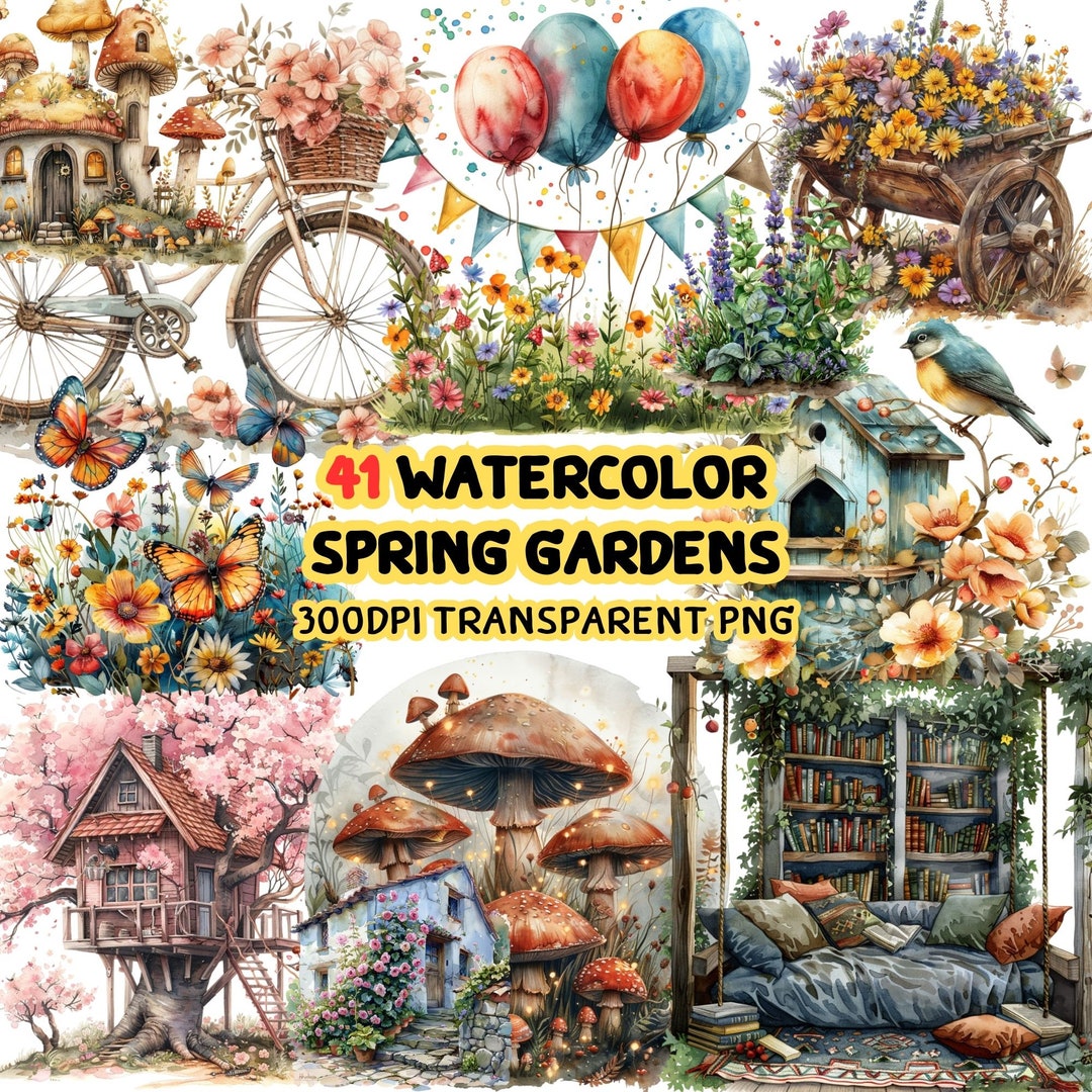 Watercolor Spring Gardens Clipart, Spring Garden Illustrations, Painted ...