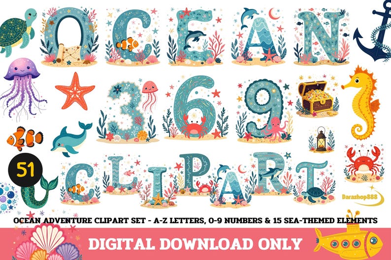 Ocean Adventure Clipart Set - A-Z Alphabet, 0-9 Numbers & 15 Sea-themed ...