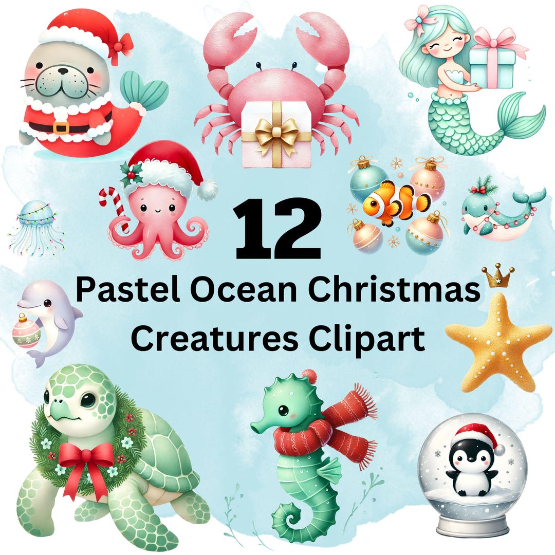 Pastel Ocean Christmas Creatures Clipart Watercolor Sea Animals Cute ...
