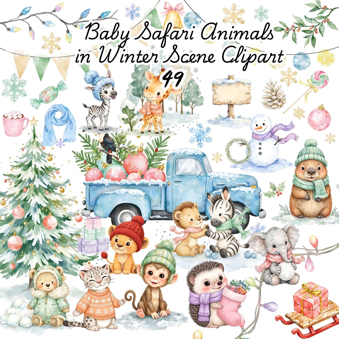 Baby Safari Animals Clipart for Winter Crafts | Watercolor Christmas ...