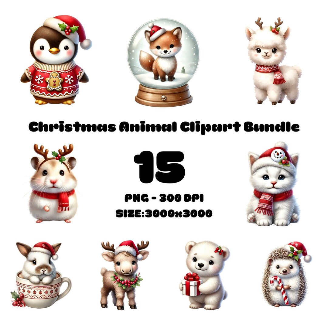 Christmas Animal Clipart Bundle 15 Cute Festive Graphics for Holiday ...