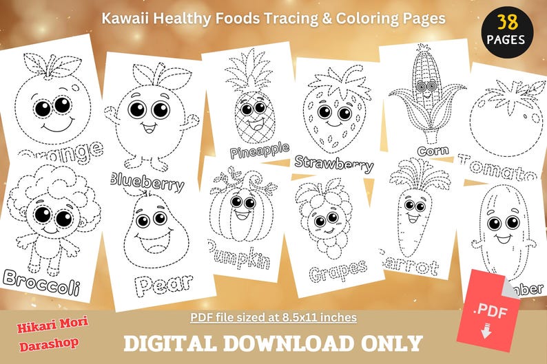 Kawaii Healthy Foods Tracing & Coloring Pages | 38 Printable Worksheets ...