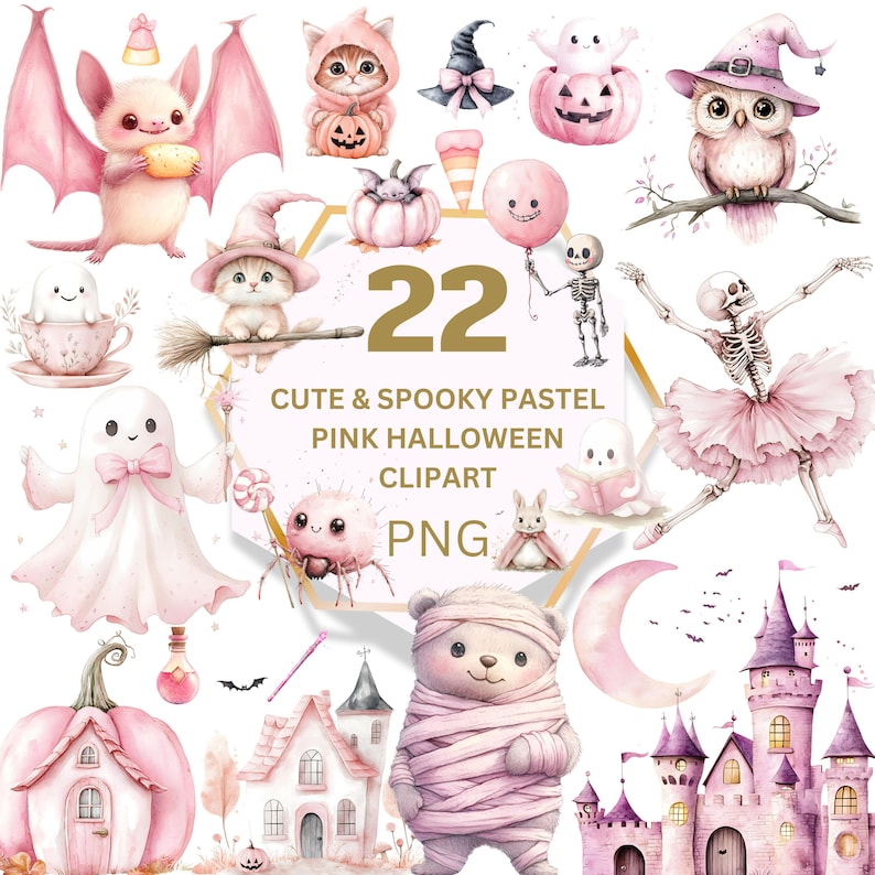 Cute Pastel Pink Halloween Clipart Bundle - Spooky & Sweet PNG ...