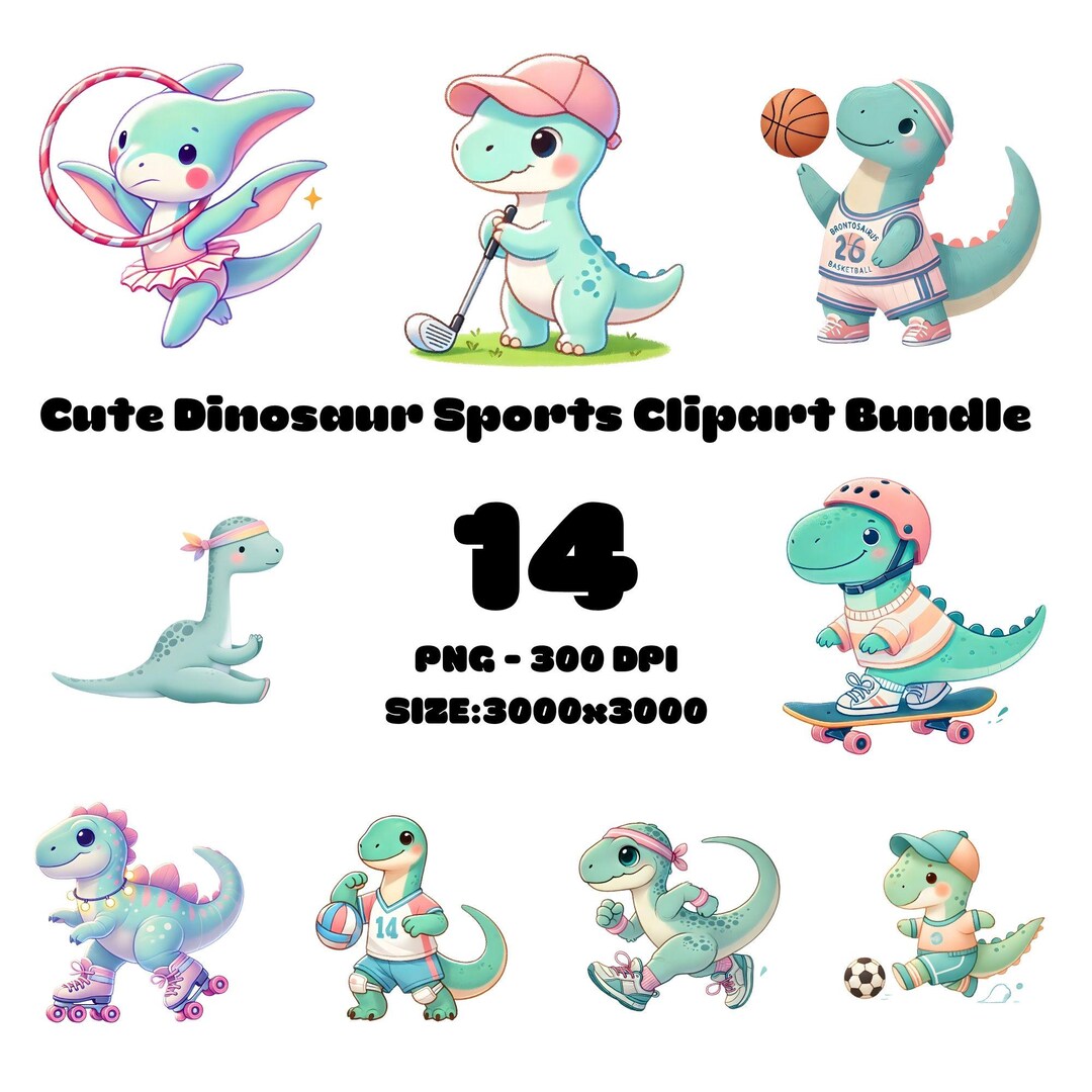 Cute Dinosaur Sports Clipart Bundle 14 Pastel Watercolor Dinosaurs in ...