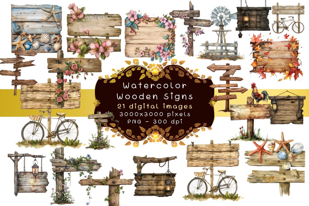 Watercolor Wooden Signs Clipart Rustic Wood Sign Posts , Instant ...