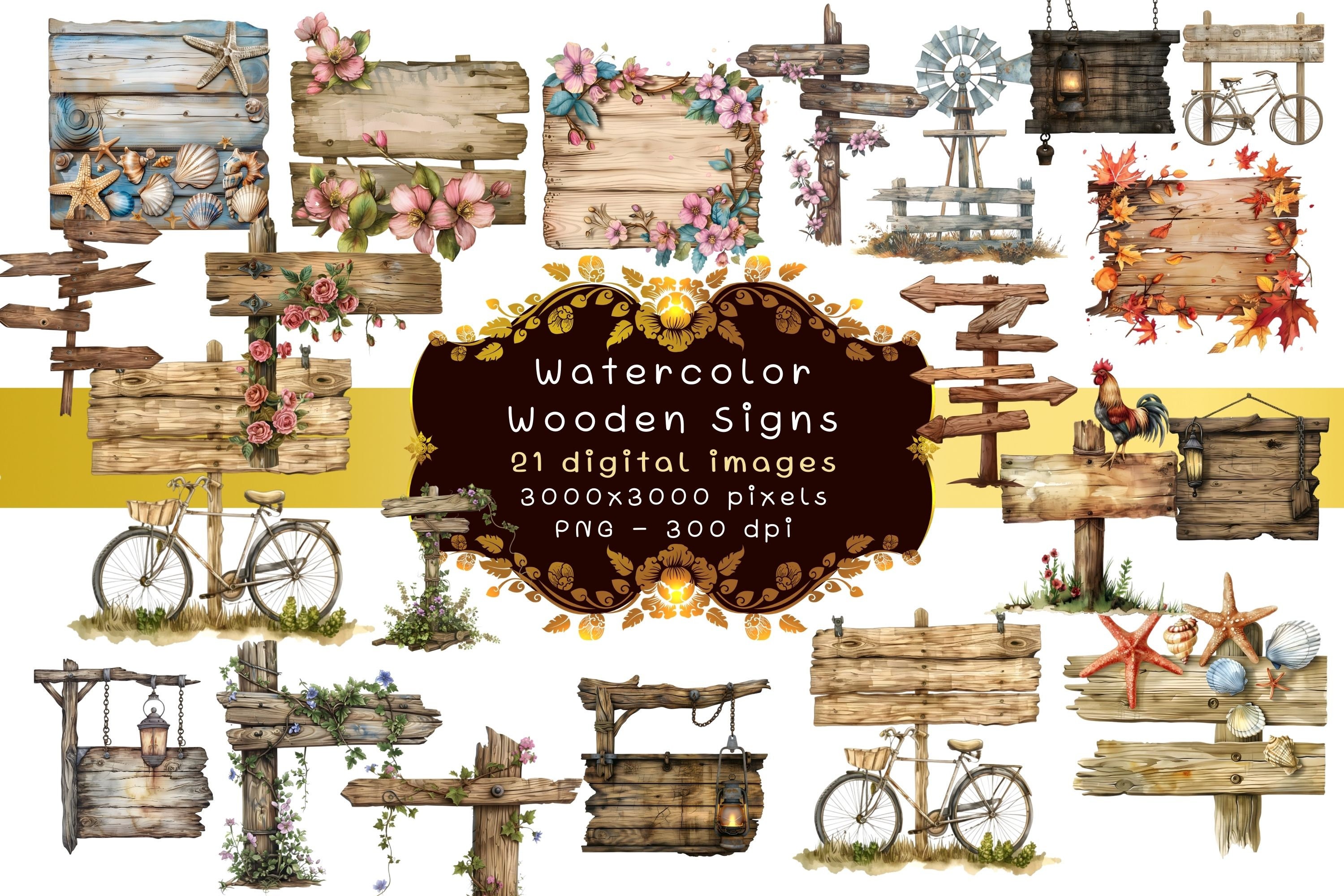 Watercolor Wooden Signs Clipart Rustic Wood Sign Posts , Instant ...