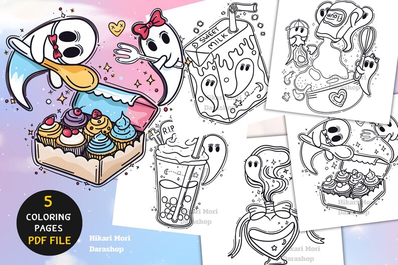 Cute Ghost Coloring Pages | Kawaii Food & Drinks | Cupcakes, Milk ...