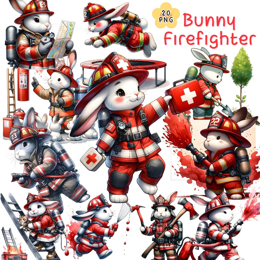 Brave Bunny Firefighter Clipart Collection , Instant Digital Download ...