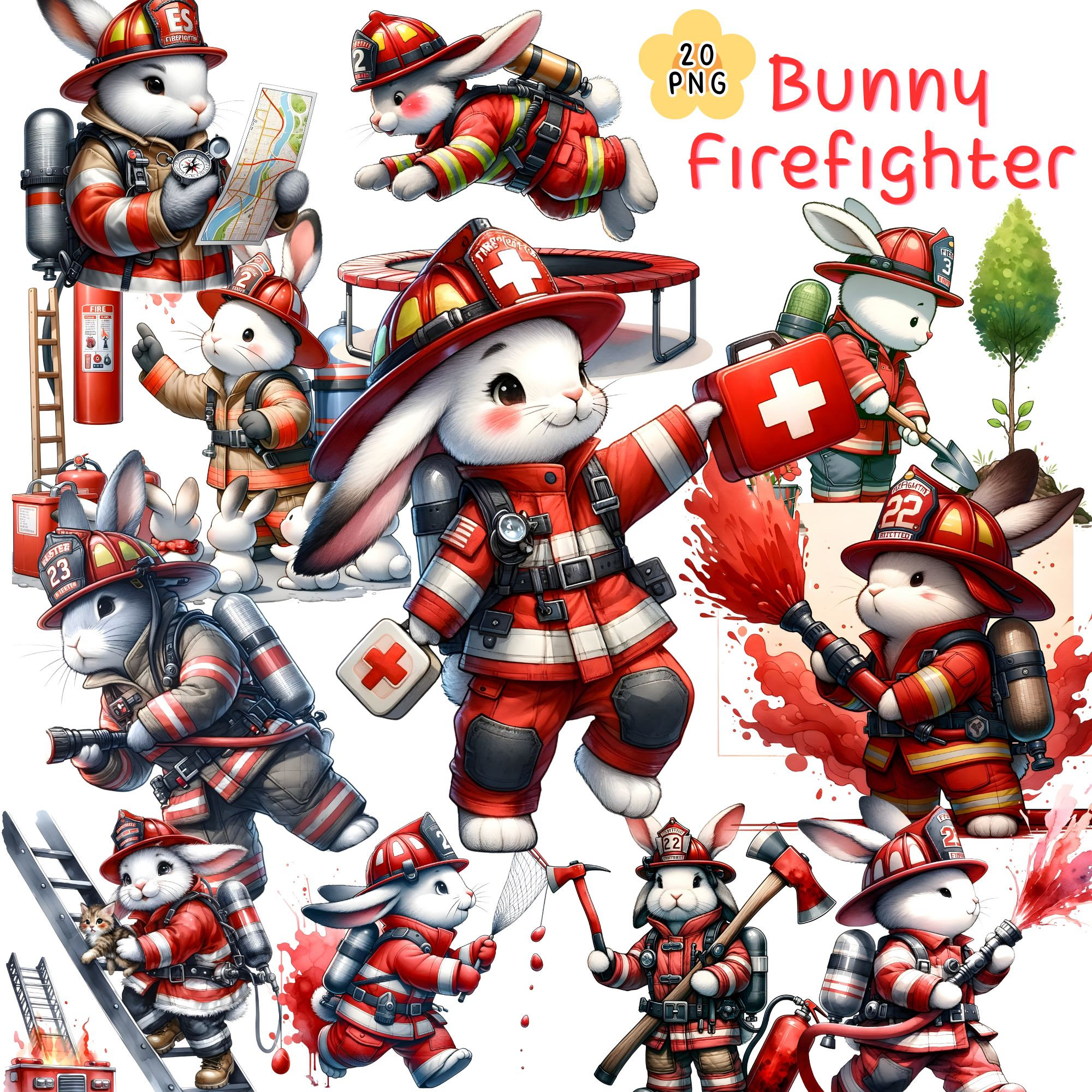 Brave Bunny Firefighter Clipart Collection , Instant Digital Download ...