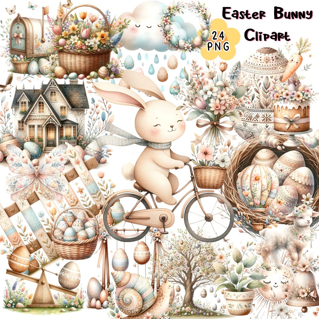 Watercolor Easter Clipart Bundle: Bunny, Eggs, PNG Files (digital ...