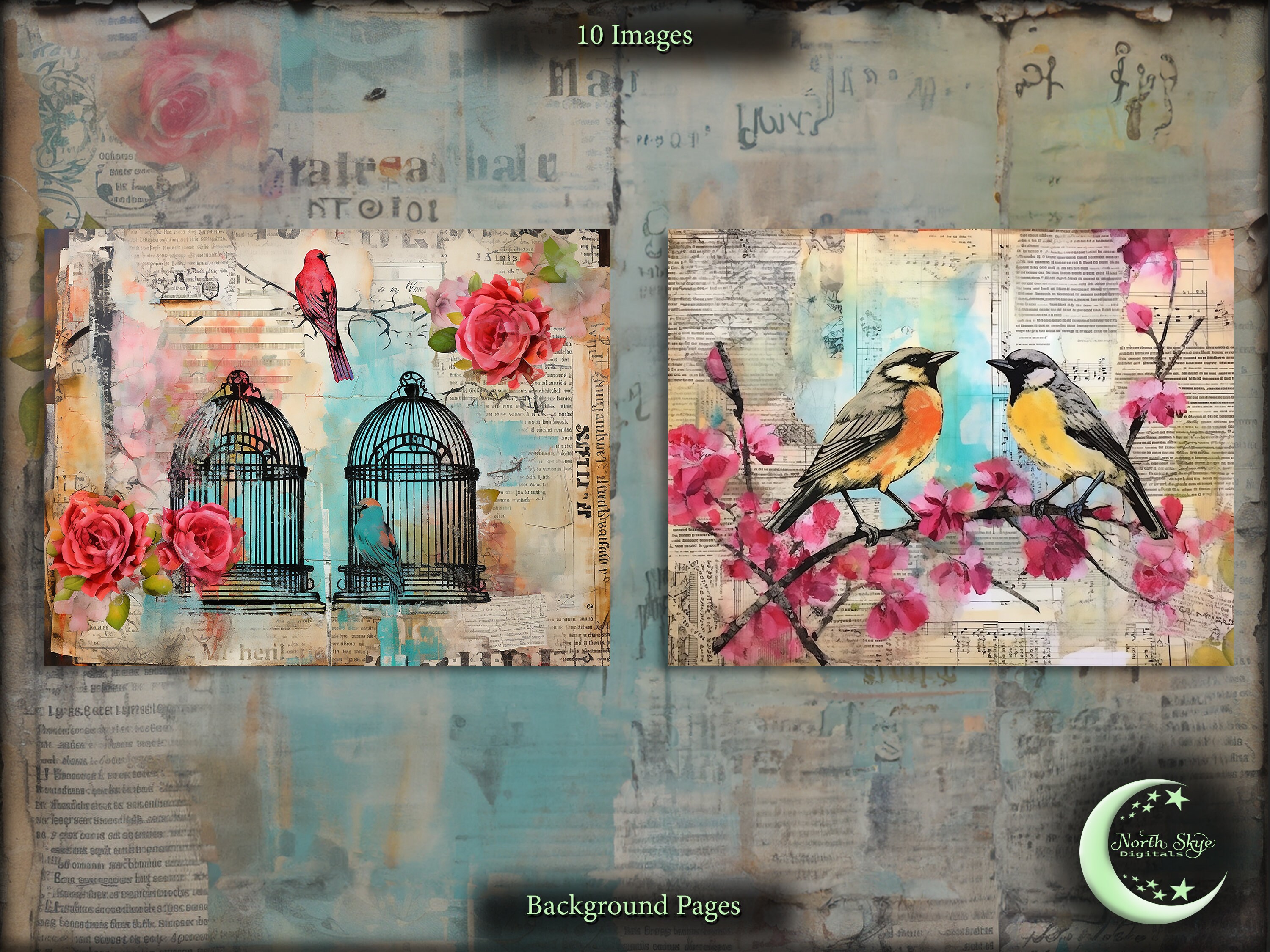 Bird Collage Digital Paper, Collage Paper, Distressed Paper, Instant ...