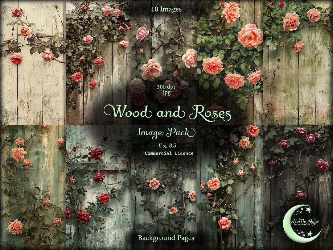 Wood and Roses, Digital Junk Journal, Image Pack, Digital Paper ...
